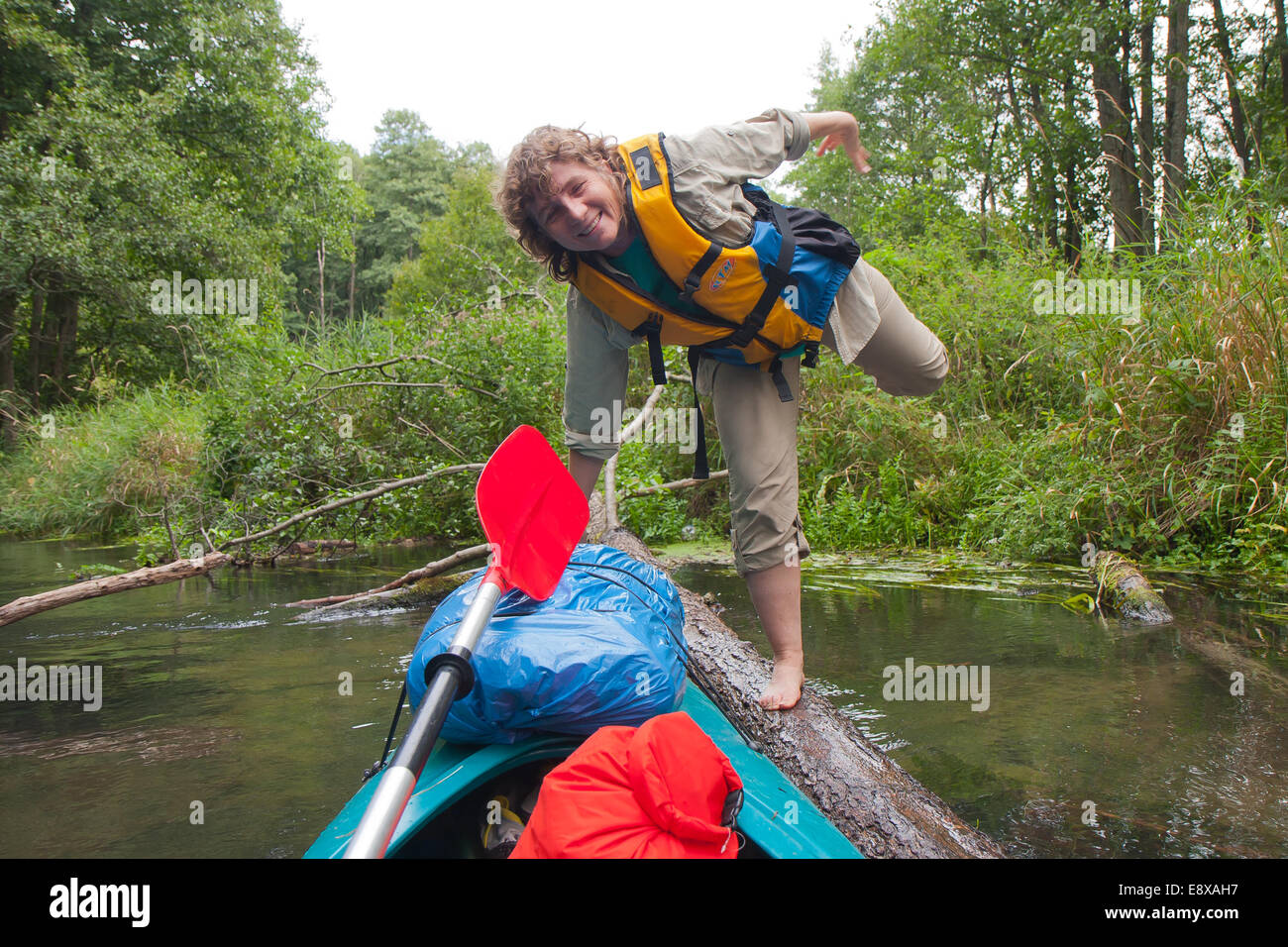 A group of young kayakers. Bystrzyca river Kayaking expedition. Poland ...