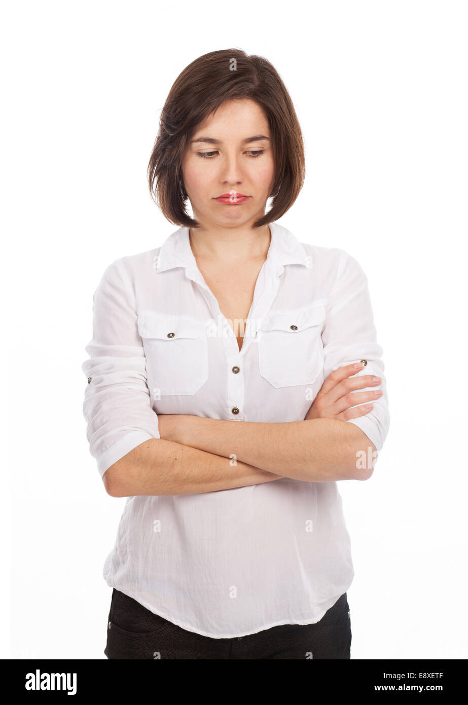 Portrait of a young woman looking sad, isolated on white Stock Photo ...