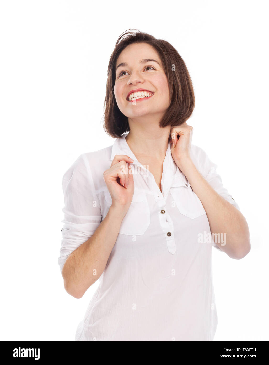 Portrait of a brunette looking very pleased, isolated on white Stock ...