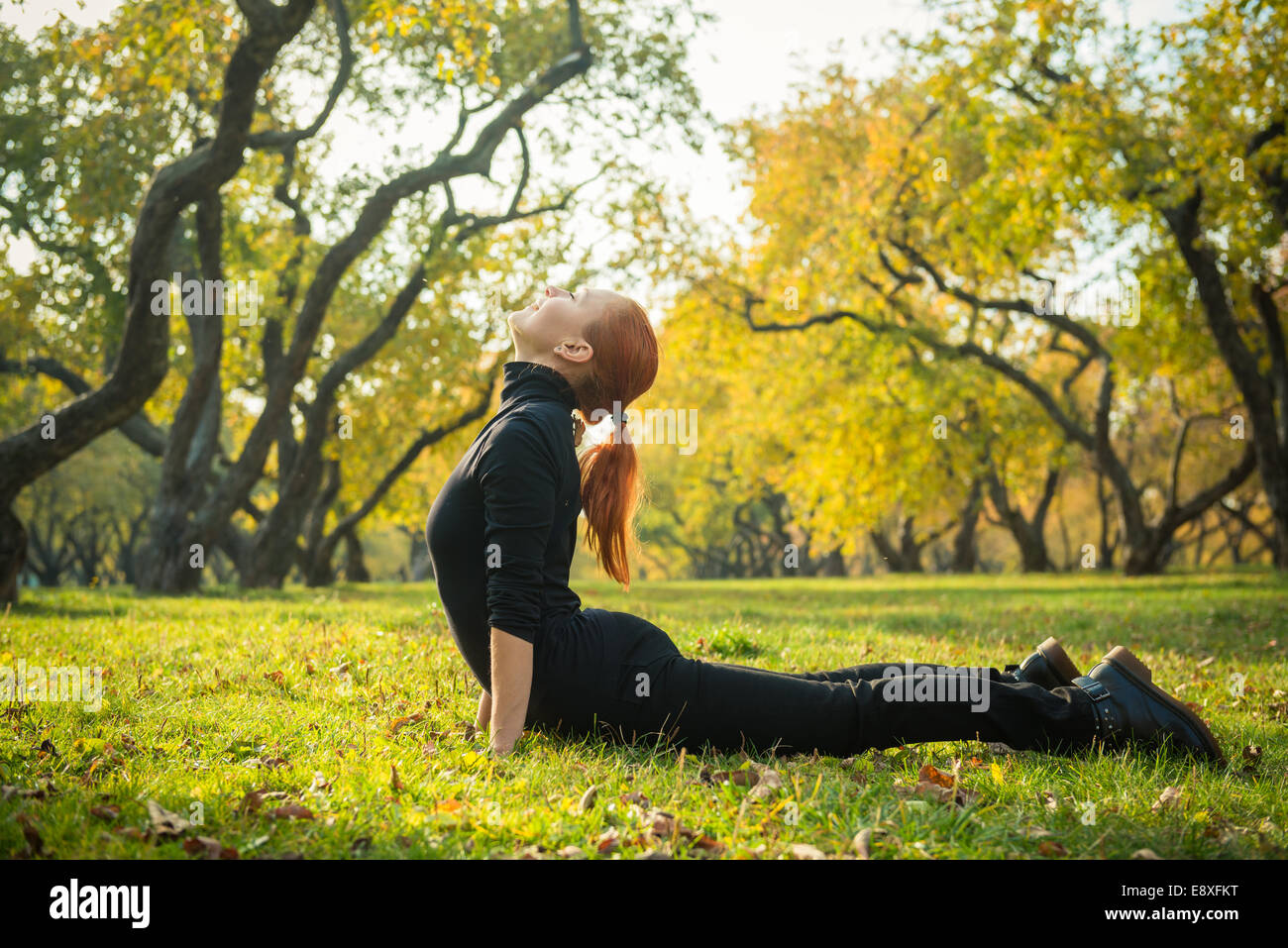 Pretty woman doing yoga exercises in the autumn park Stock Photo - Alamy