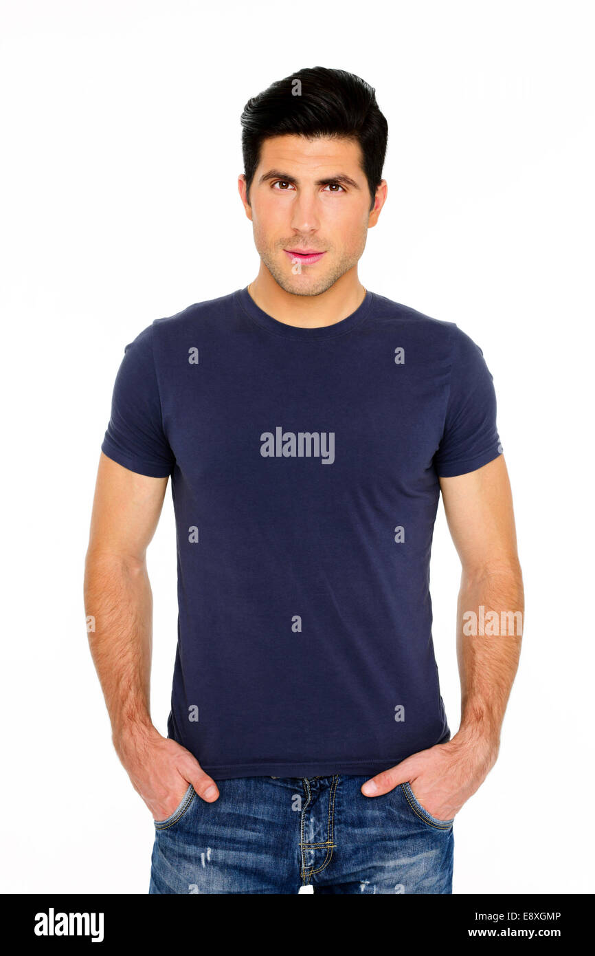 Portrait of a serious man standing over white background Stock Photo ...