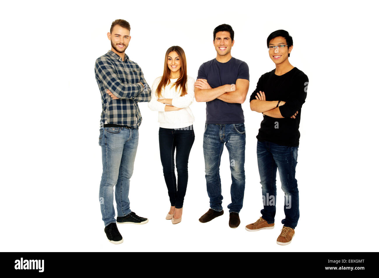Full length portrait of a smiling friends in casual cloth over white ...