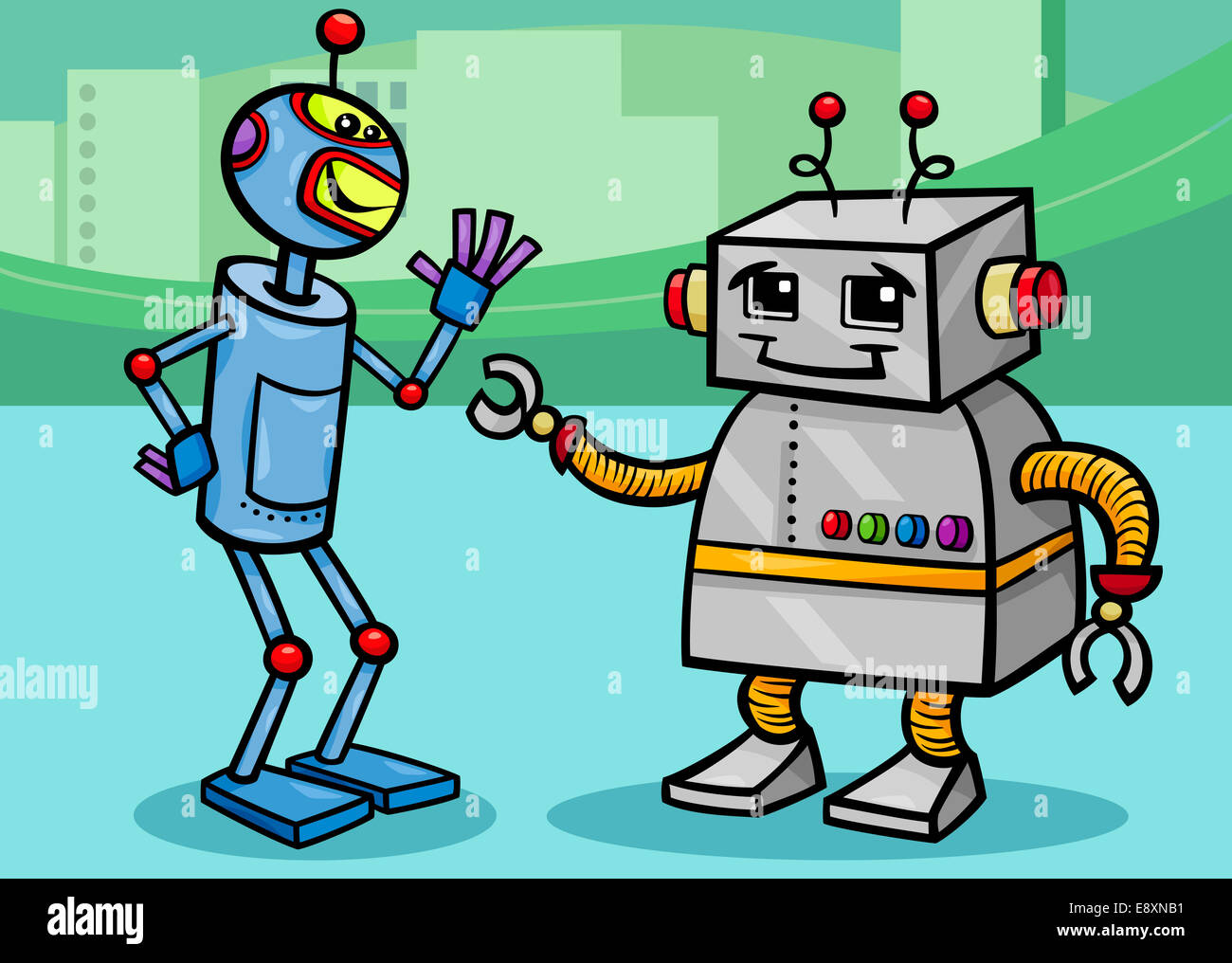 Cartoon Illustration of Talking Robots in the Futuristic City Stock ...
