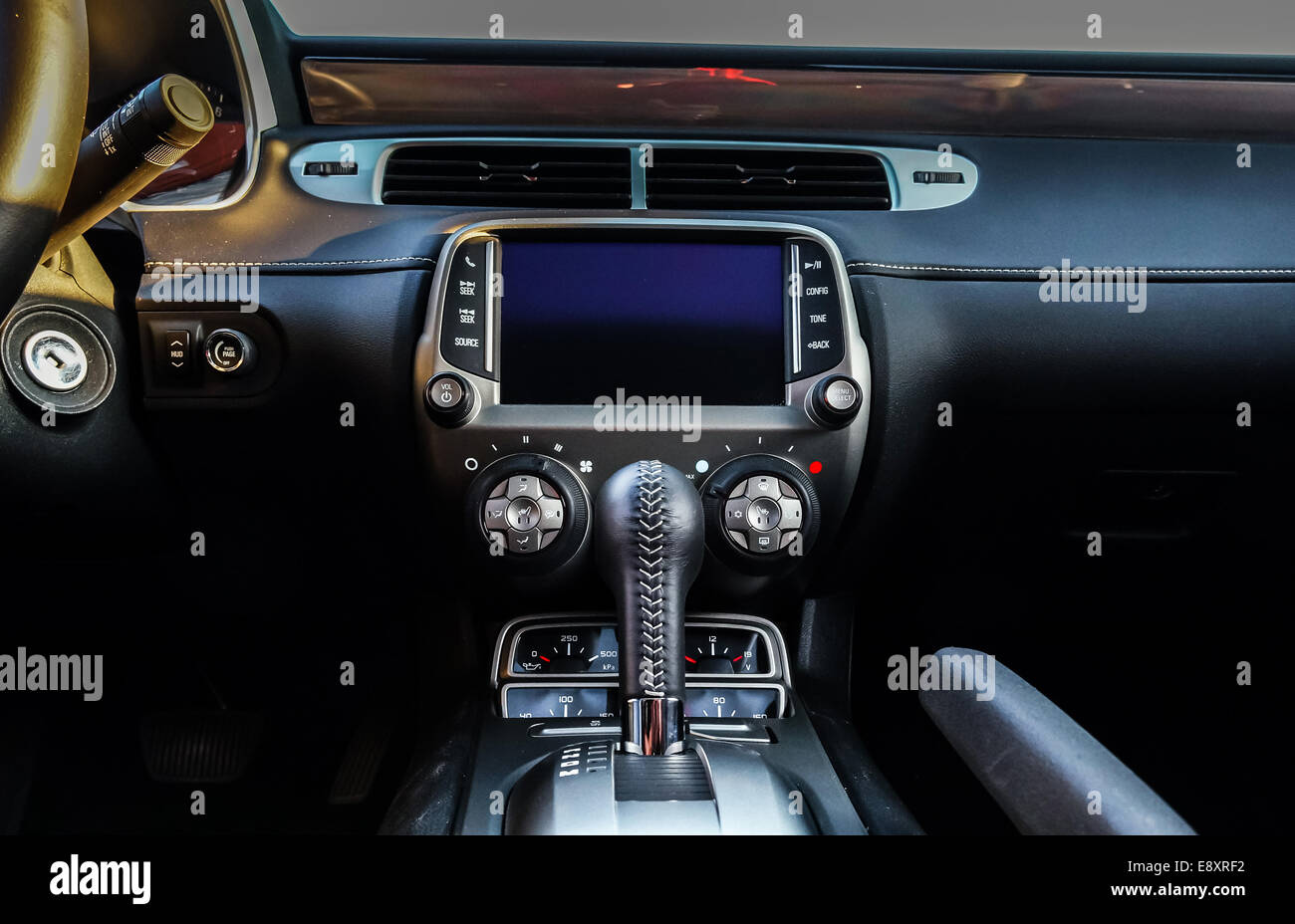 Luxury car interior details. Transmission handle, skin Stock Photo - Alamy