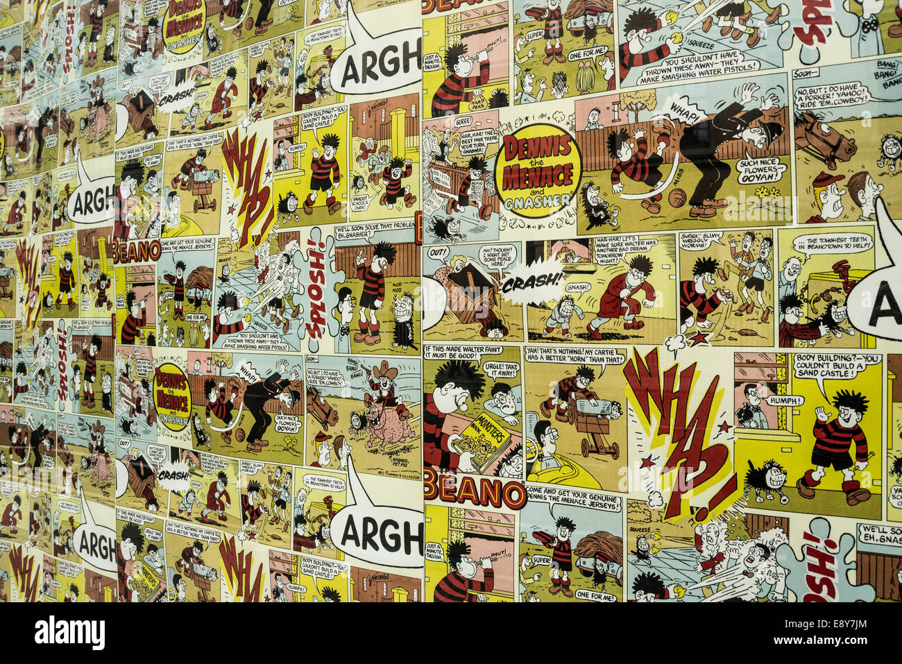 Large Beano comic sheets are used to cover up the windows of an empty ...