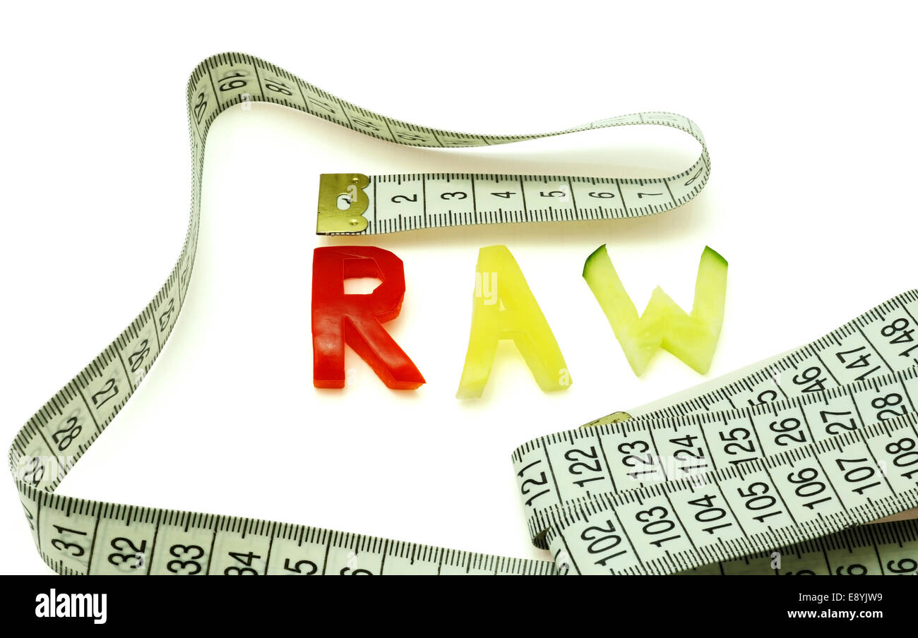 word raw composed of slices of different vegetables with measuring tape ...