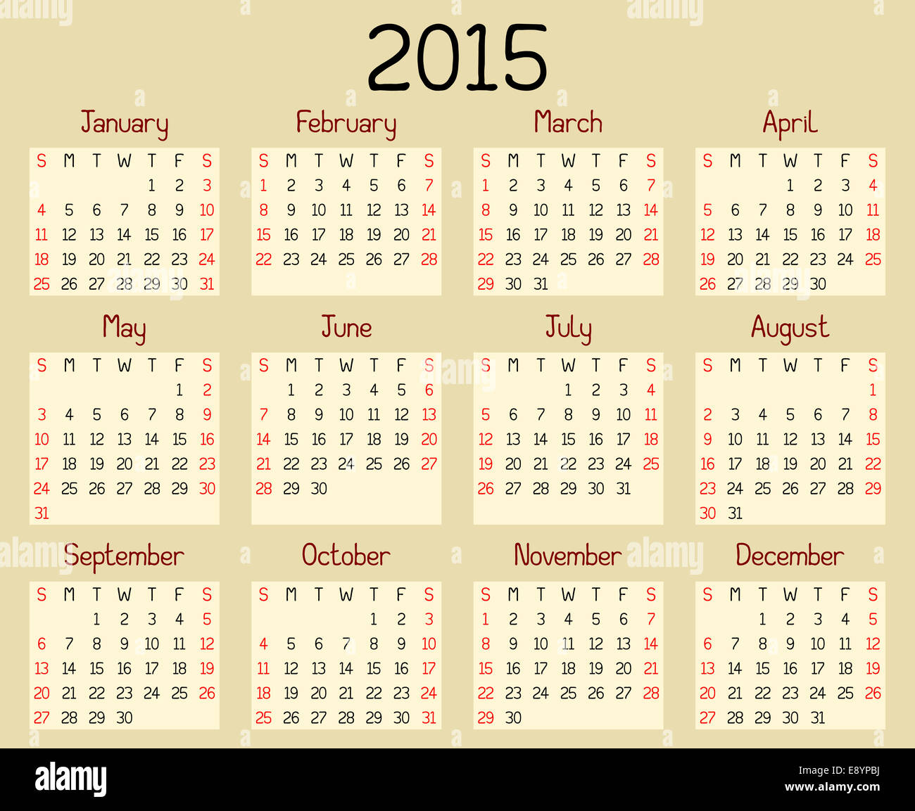 An illustration of a calendar for the year 2015. Custom handwritten ...