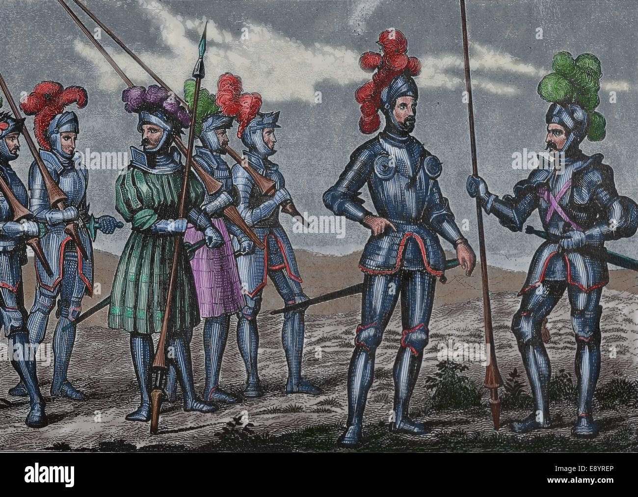 Modern age. Army. 15th- 16th century. Engraving (Later colouration ...