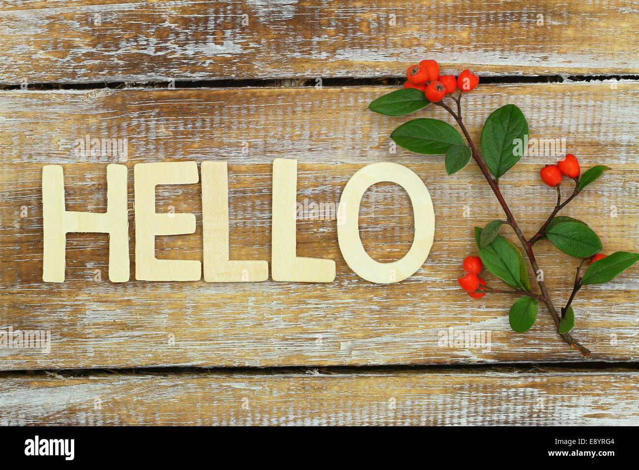 "Hello" written with wooden letters on rustic wooden surface and rowan ...