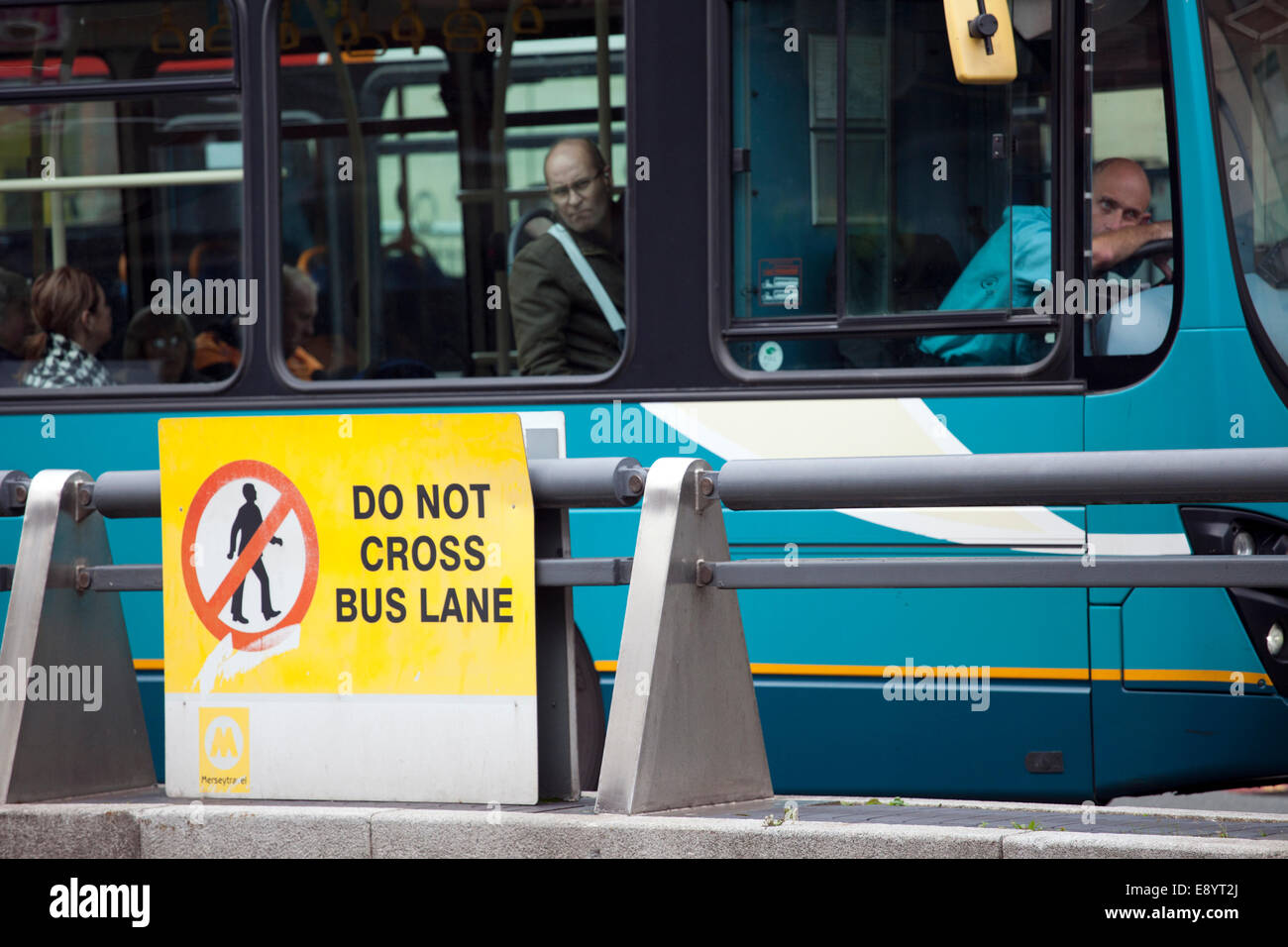 Do Not Cross Bus Lane Sign Bus passengers on Liverpool City Bus ...