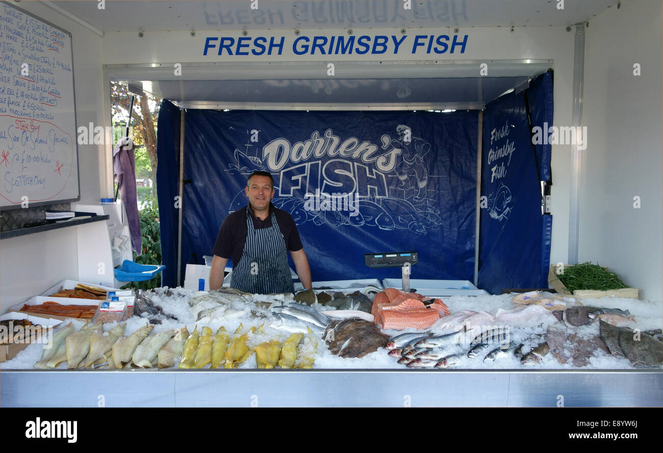 A fishmongers stall at a small market in Bourne Lincolnshire England UK ...