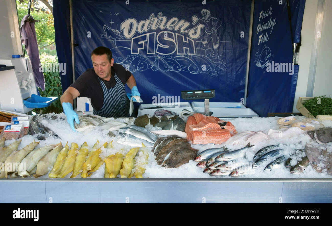 A fishmongers stall at a small market in Bourne Lincolnshire England UK ...