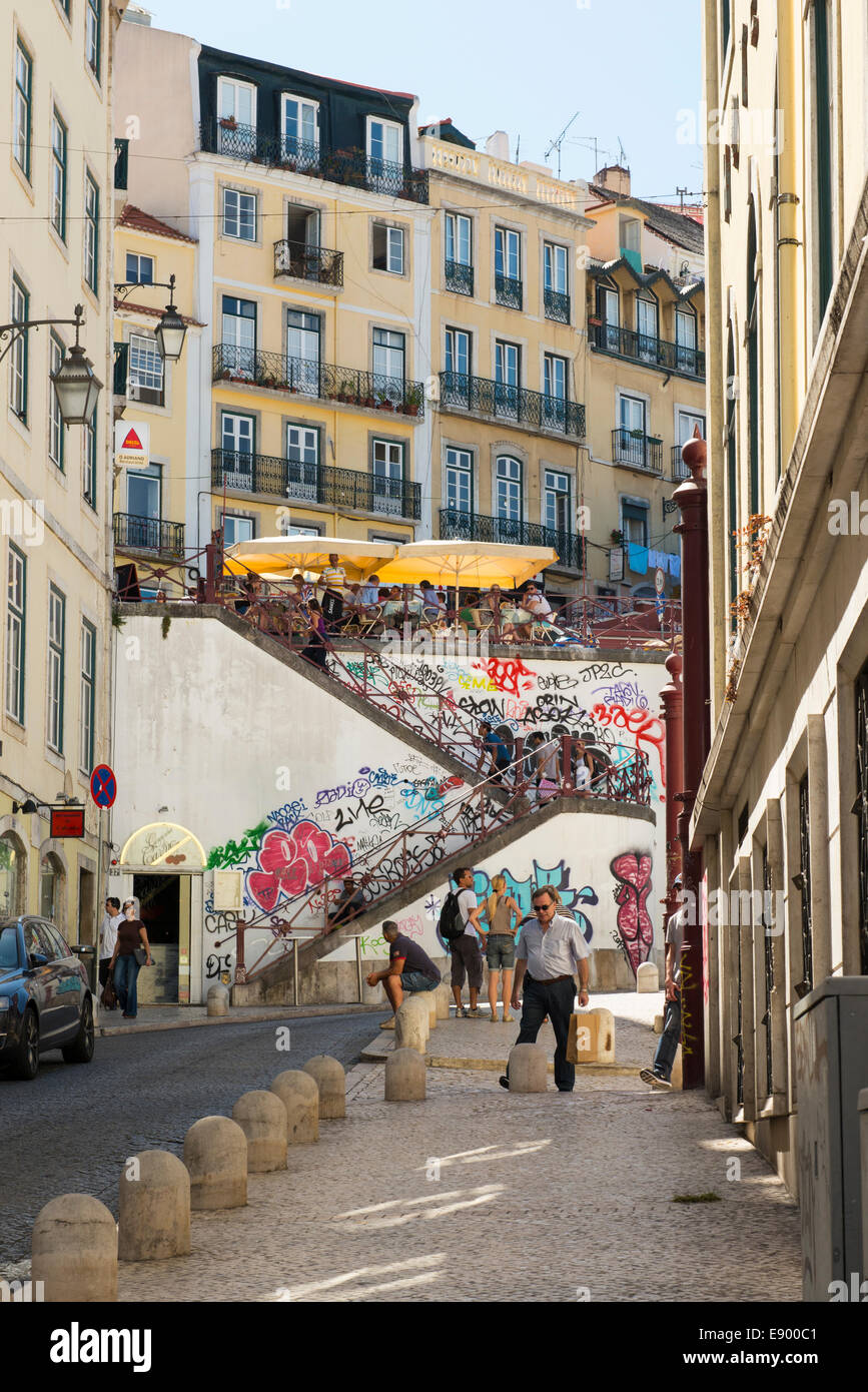 Portugal Lisbon Chiado street scene steps to Rossio Station graffiti ...