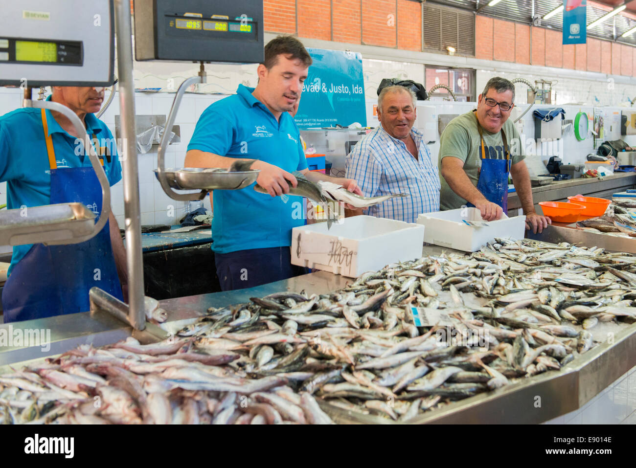 Portugal Algarve Olhoa fish market counter sardines sardine men ...