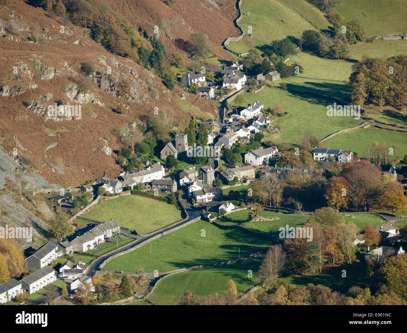 Aerial view of the Lakeland village of Chapel Stile, Great Langdale ...