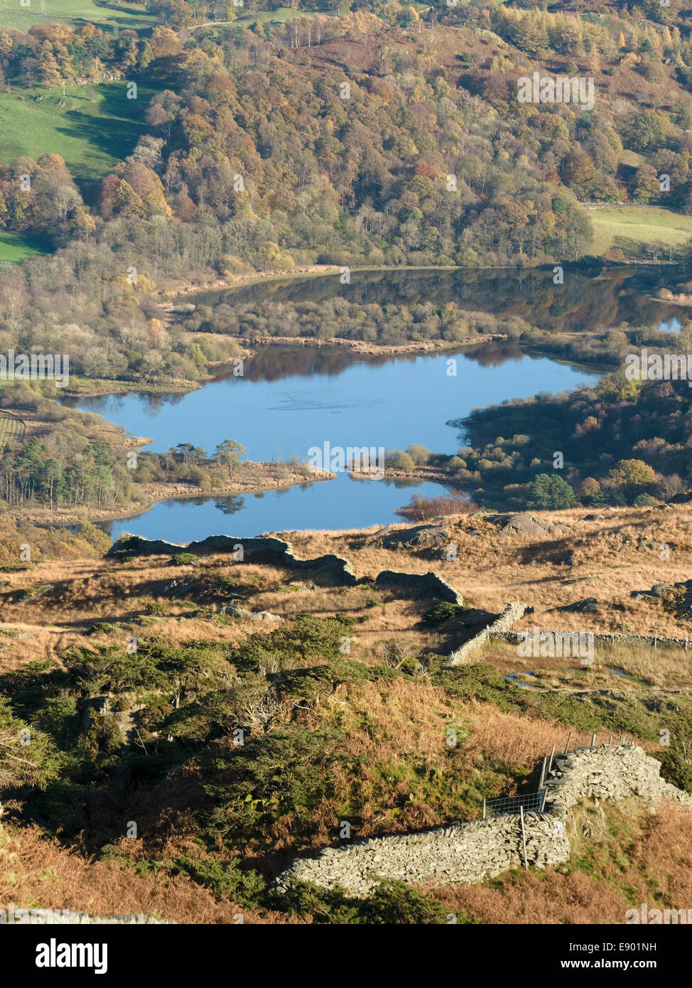 Aerial view Elterwater in the English Lake District, Cumbria, England ...