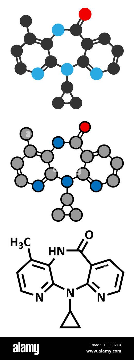 Nevirapine HIV drug molecule. Belongs to NNRTI class. Stylized 2D ...