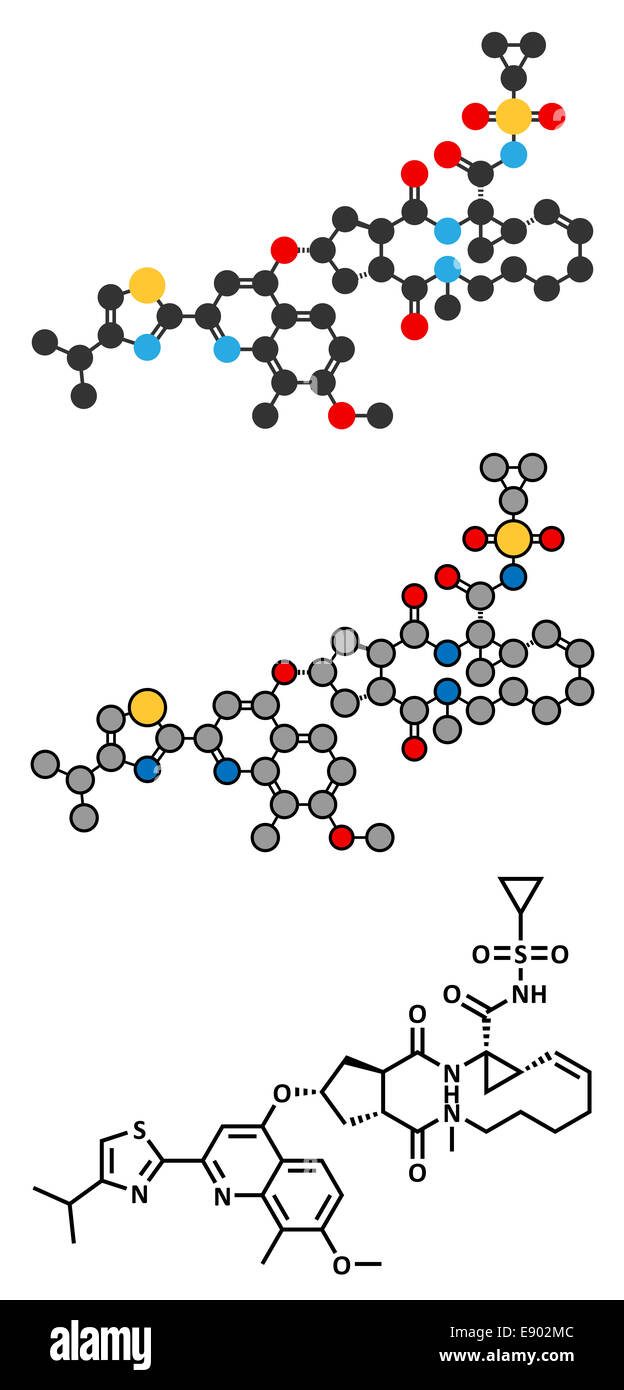 Simeprevir hepatitis C virus (HCV) drug molecule. Stylized 2D rendering ...