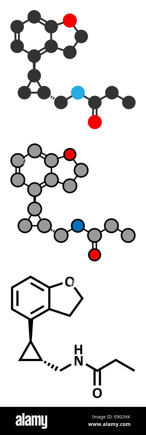 Tasimelteon sleep disorder drug molecule. Stylized 2D rendering and conventional skeletal ...
