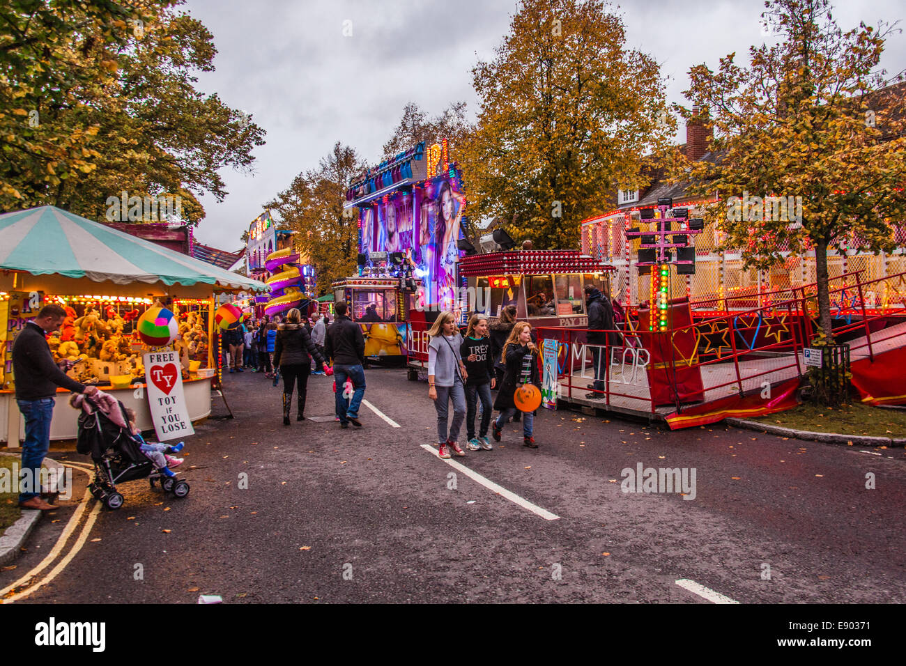Traditional October Michaelmas fair on Broad street in the market town ...