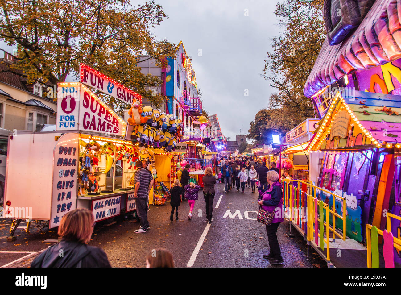 Traditional October Michaelmas fair on Broad street in the market town ...