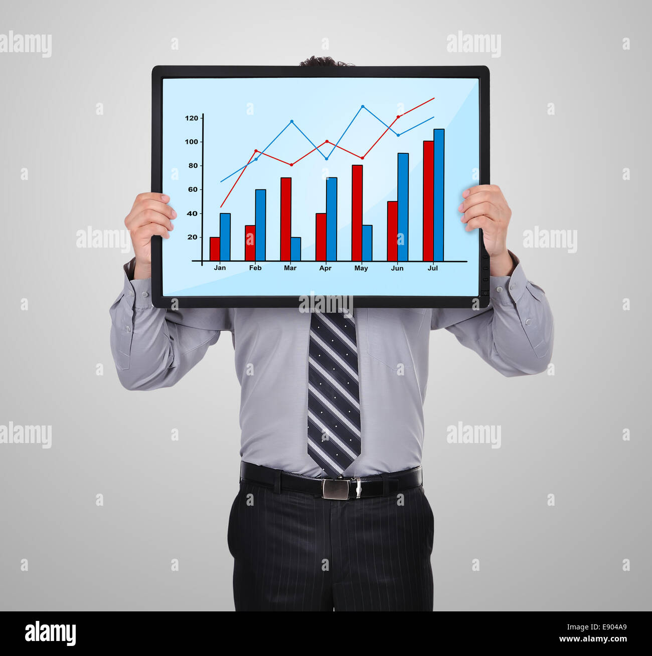 businessman holding a plasma panel with graph Stock Photo - Alamy