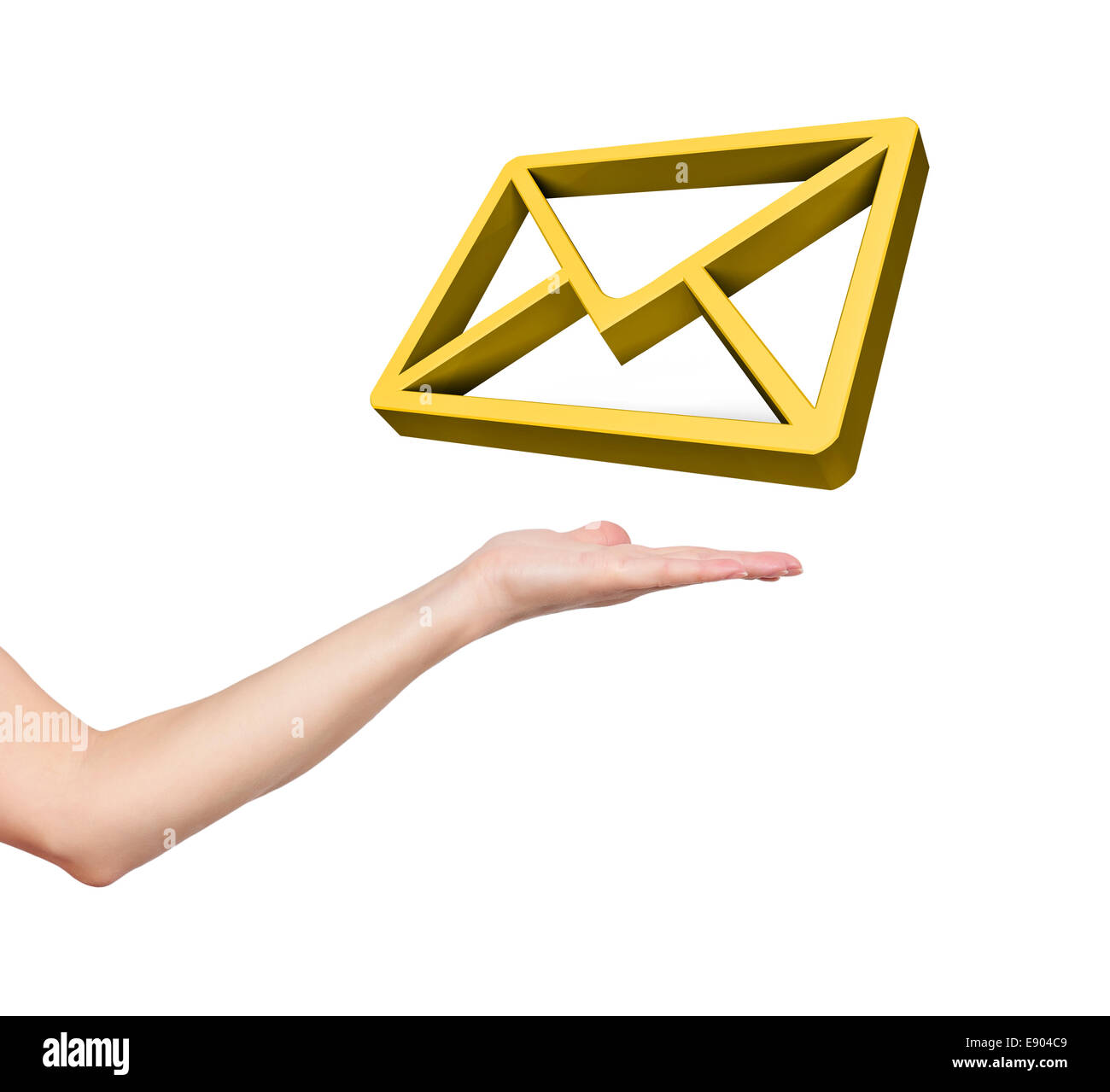 hand holding gold e-mail sign, isolated on white Stock Photo - Alamy