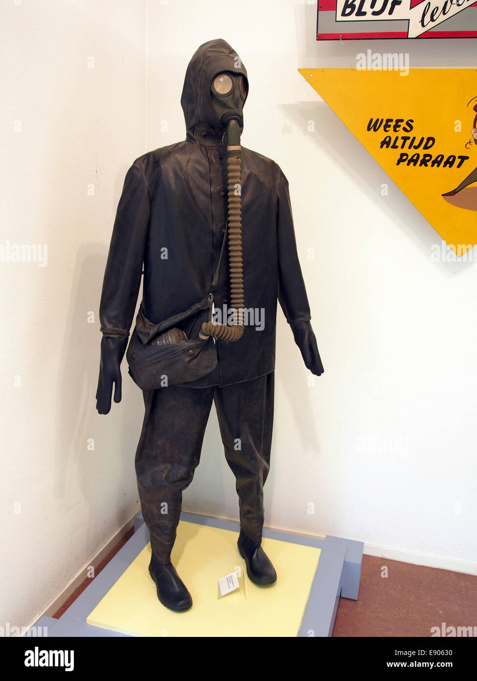 A set of old NBC (Nuclear, Biological, Chemical) protective clothing is ...