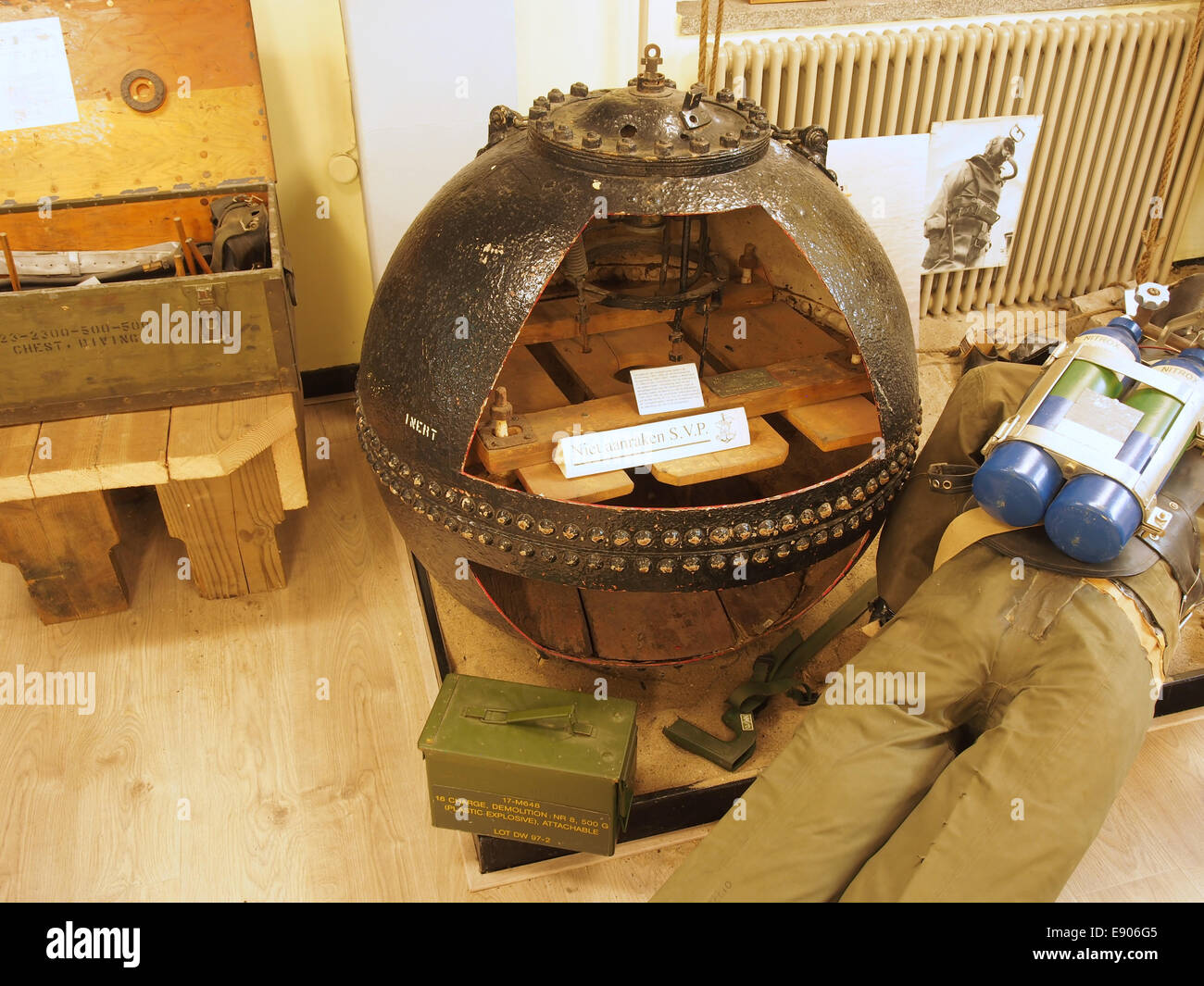 This image shows an open deactivated contact mine on display at the ...