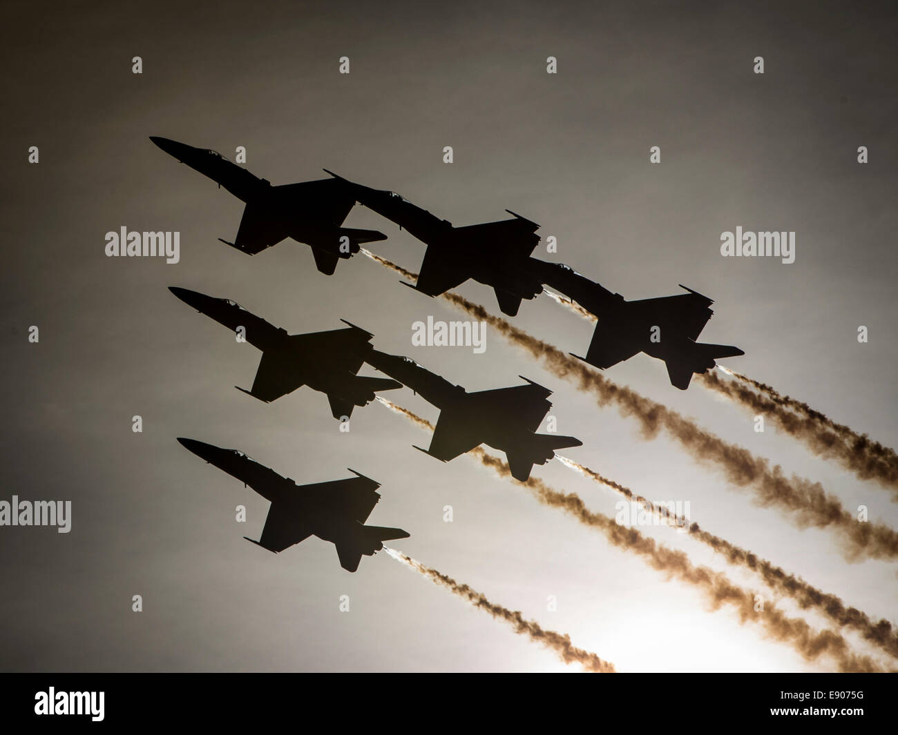 U.S. Navy F/A-18 Hornet aircraft assigned to the Blue Angels perform ...