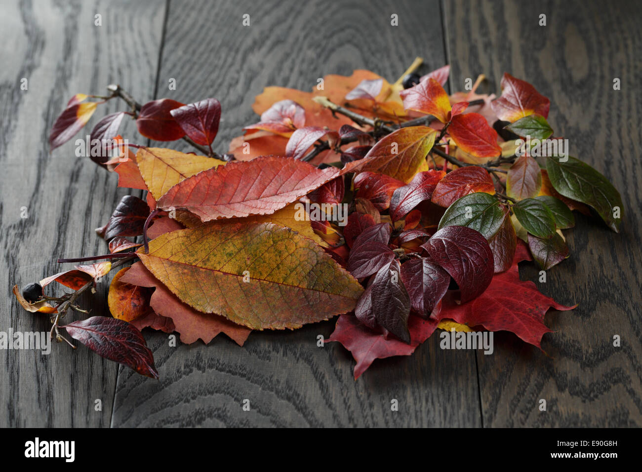 autumn leaves on old oak table, rustic style Stock Photo - Alamy