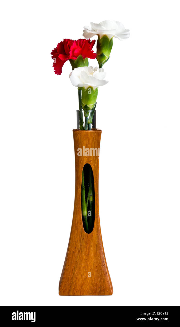 Red and white spray carnations in teak vase Stock Photo - Alamy