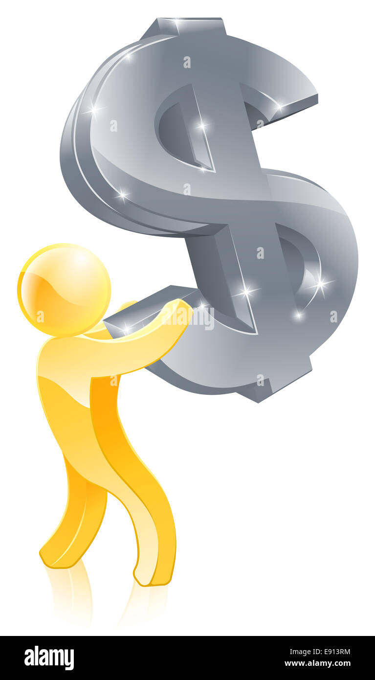 An illustration of a gold person mascot holding a giant dollar sign ...