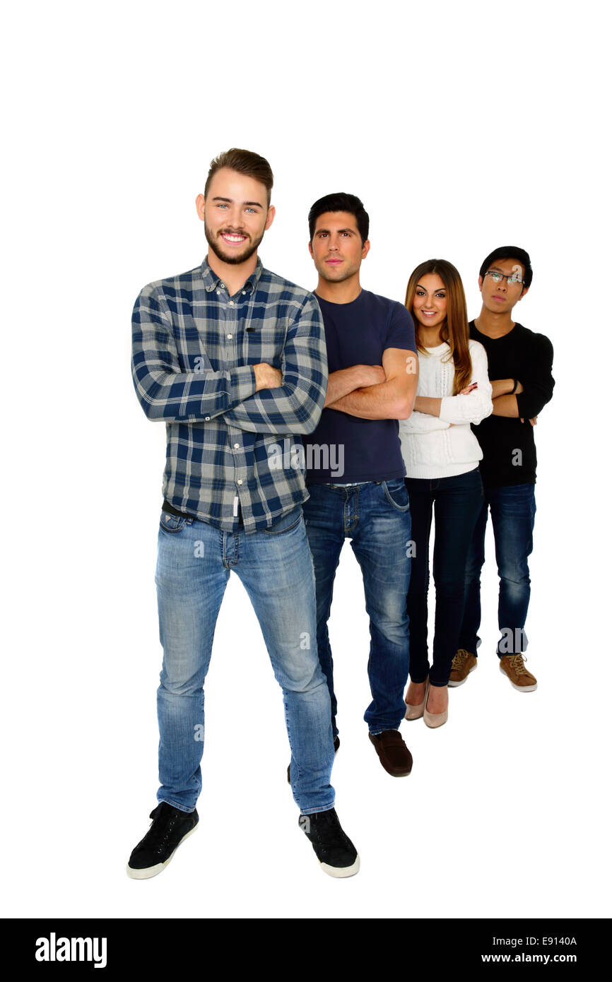 Full length portrait of a students standing in a row over white ...