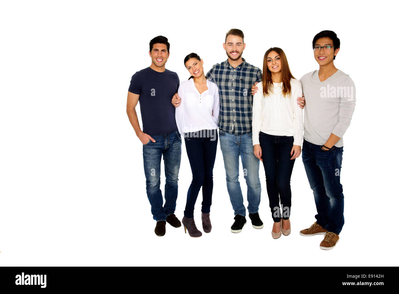 Group of a young happy friends isolated on a white background Stock ...