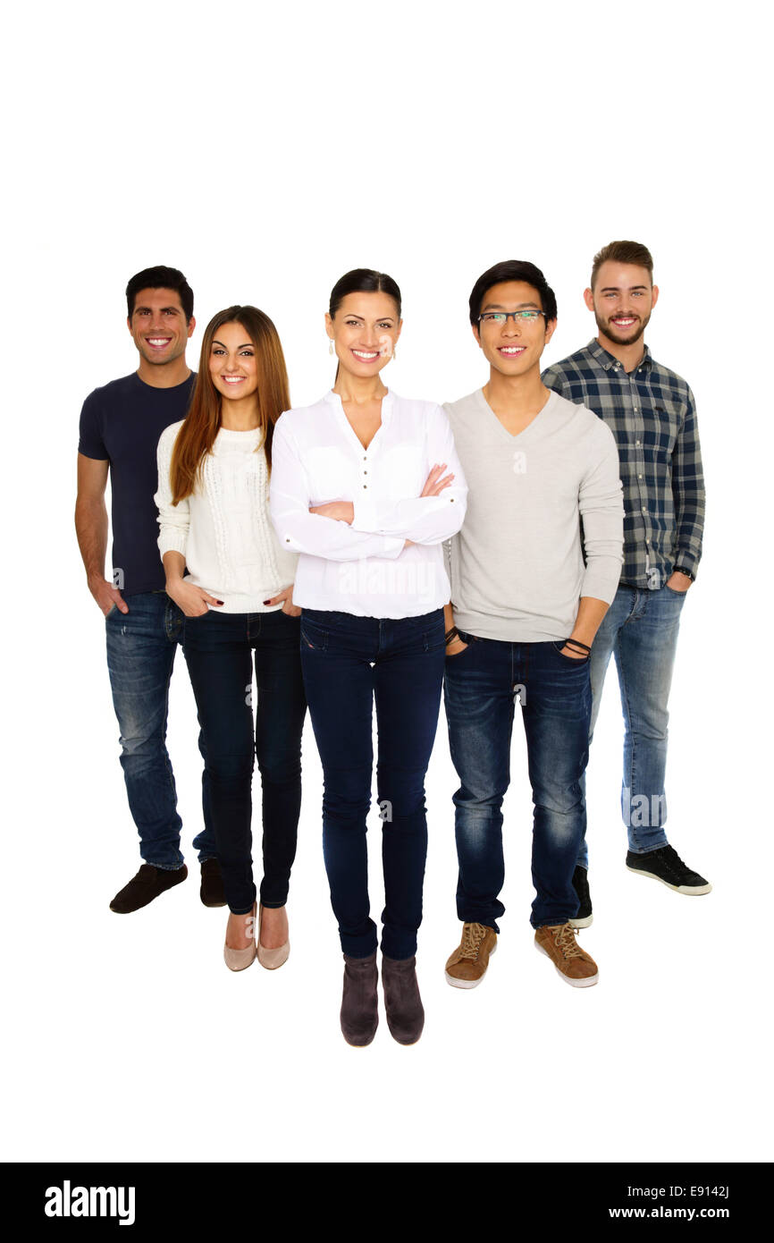 Full length portrait of a group cheerful people over white background ...