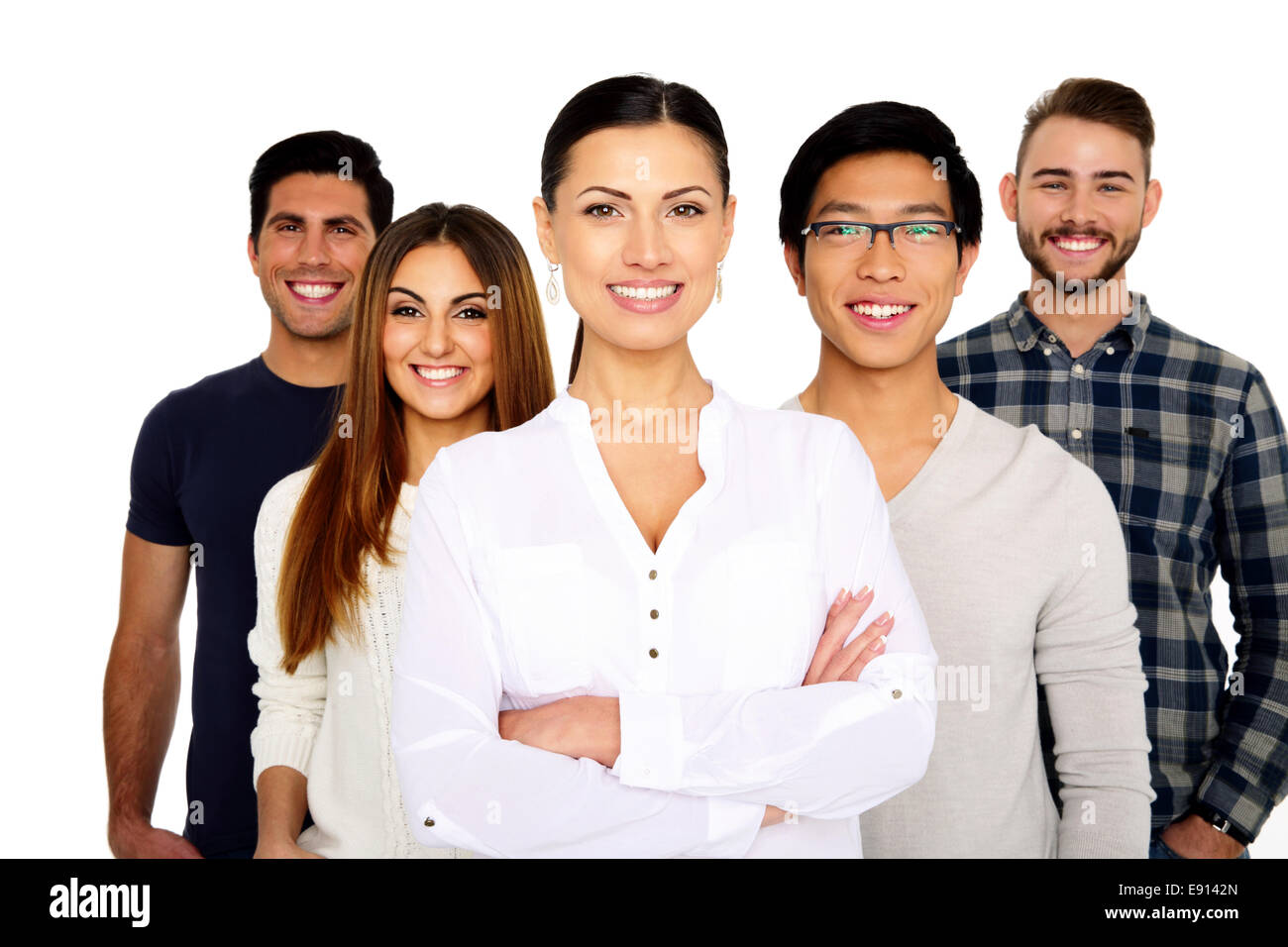 Group of a smiling people standing isolated on a white background Stock ...