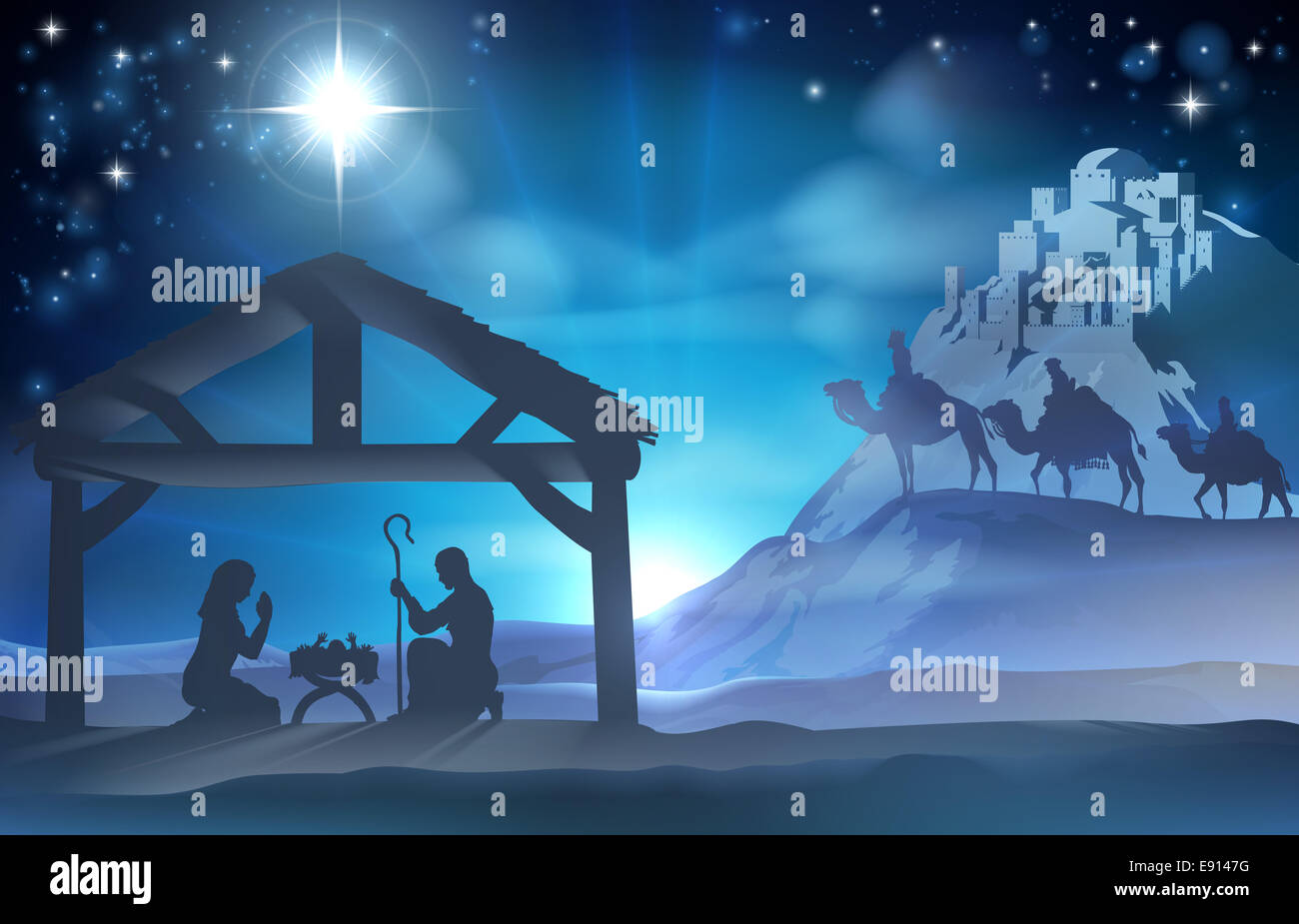 Religious Nativity Christian Christmas scene of baby Jesus in the ...