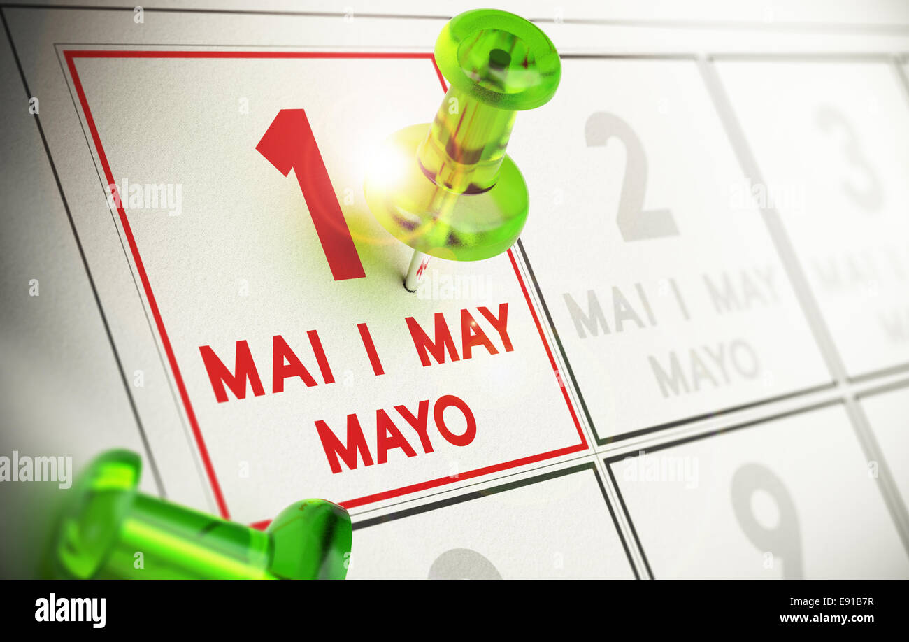 Thumbtack pointing the first of may on a calendar Stock Photo - Alamy