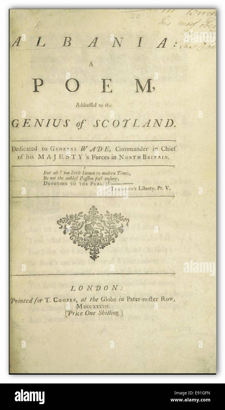A 1737 poem dedicated to General George Wade, referencing Albania in a ...