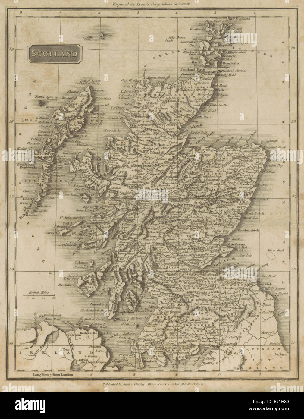 A vintage 1811 map of Scotland, illustrating the topography, cities ...