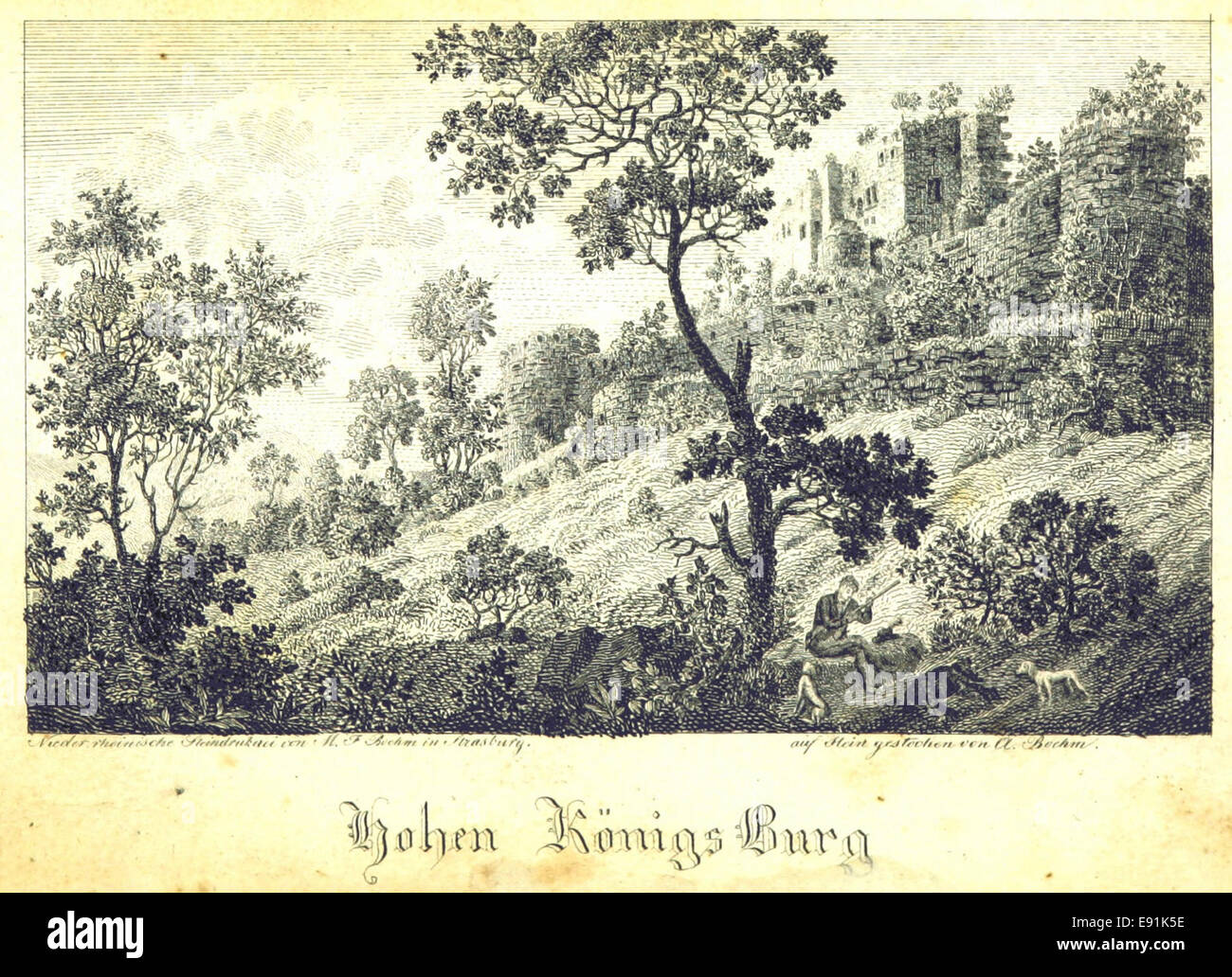 This 1821 illustration depicts Hohen Königsburg, a castle in Alsace ...