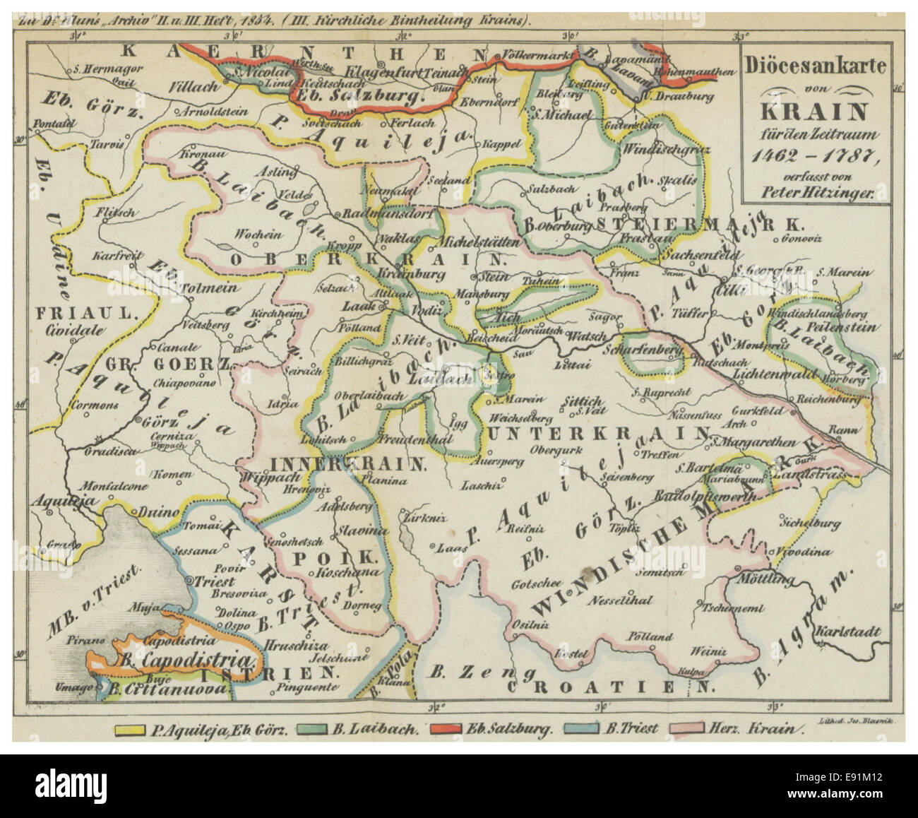 This 1854 illustration features a historical map of Krain, dating from ...