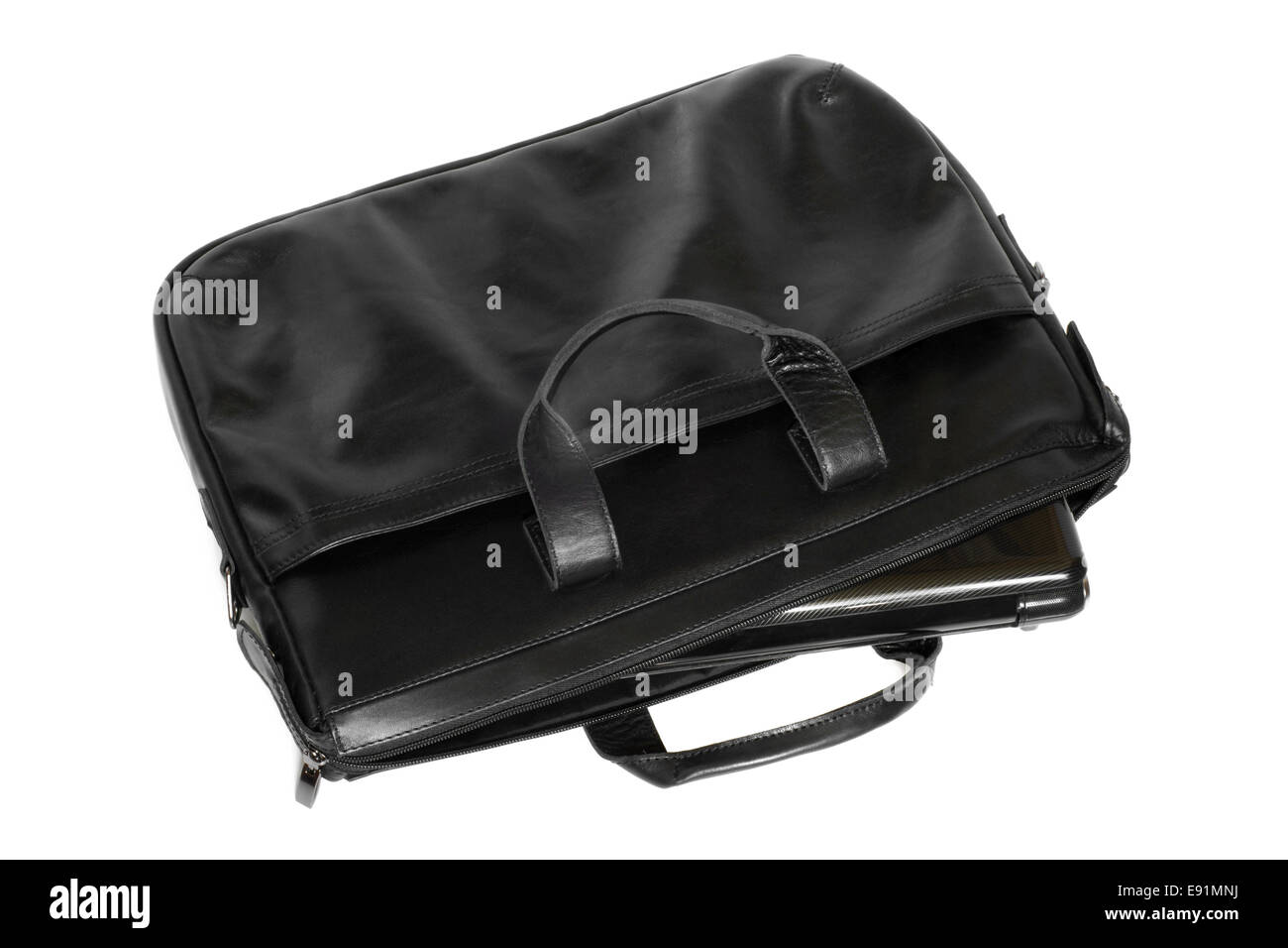 Black leather computer bag with laptop Stock Photo - Alamy