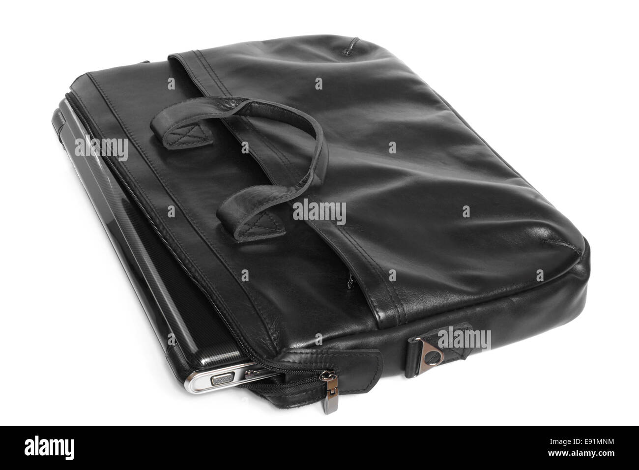 Black leather computer bag with laptop Stock Photo - Alamy