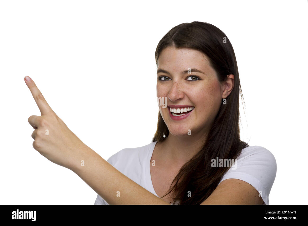 Woman pointing to a poster Stock Photo - Alamy