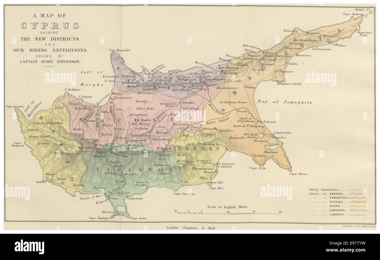 This 1880 map of Cyprus illustrates the geographic features and ...