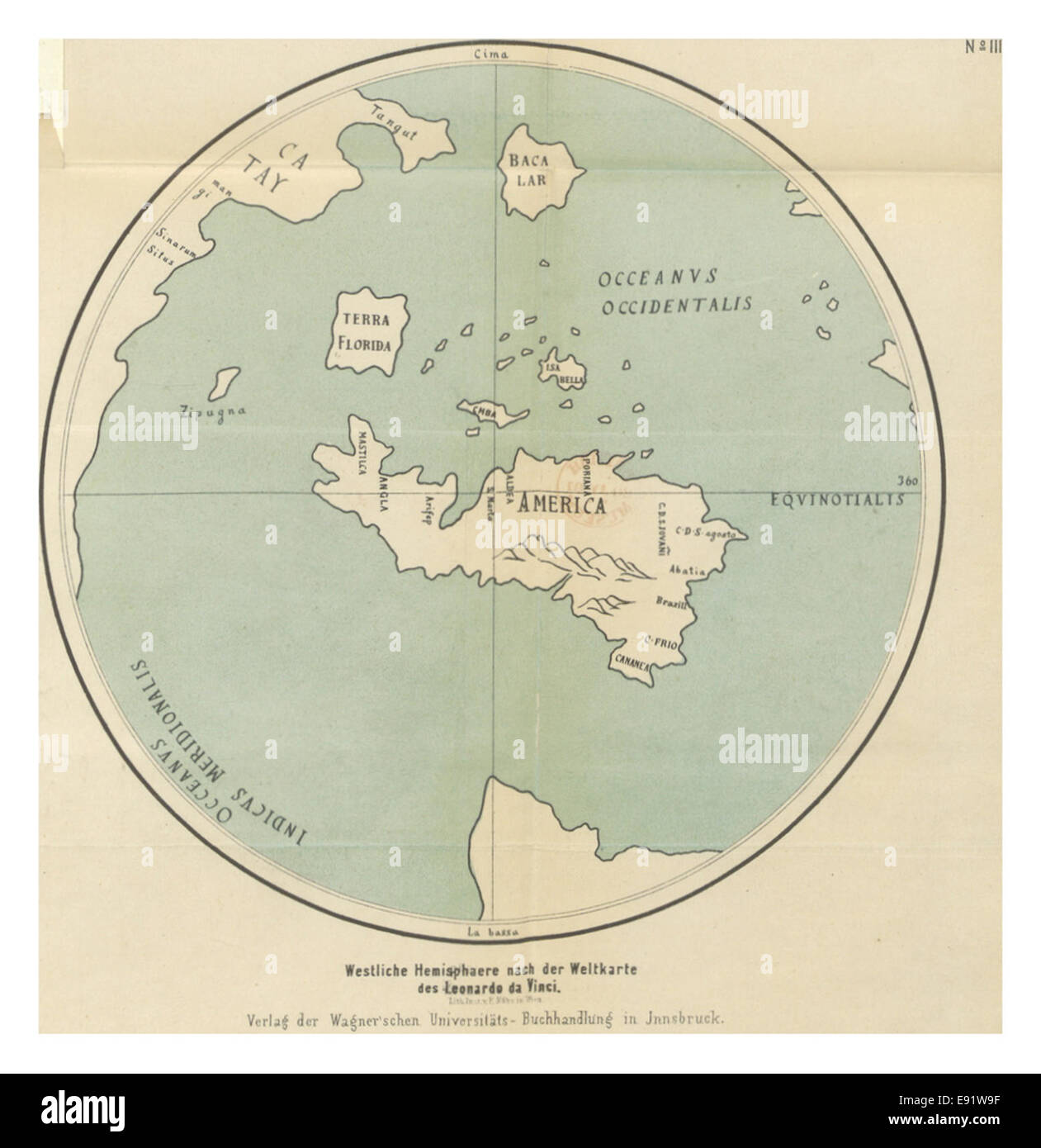 This 1881 illustration depicts the Western Hemisphere based on Leonardo ...