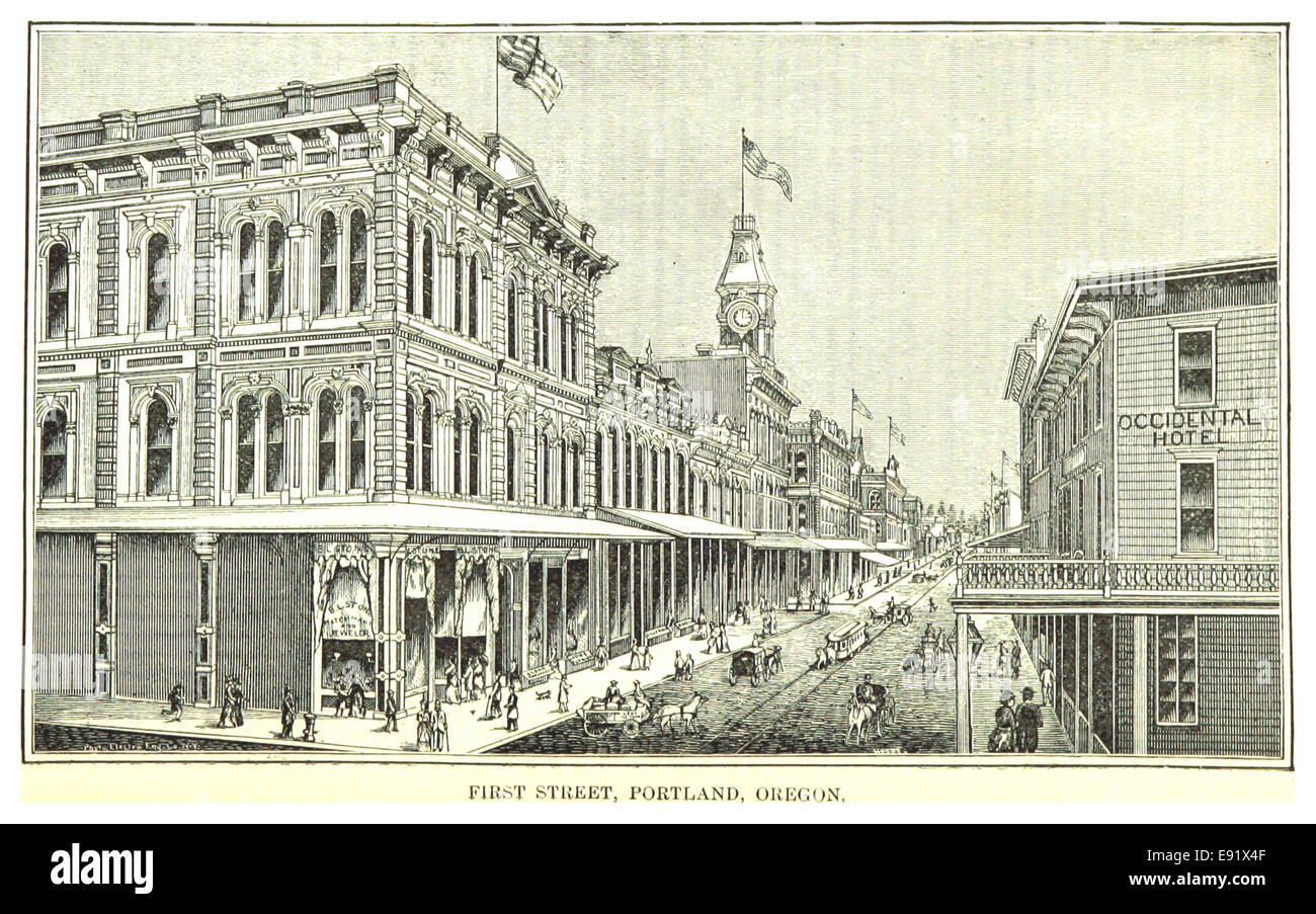 This 1882 illustration depicts First Street in Portland, Oregon ...