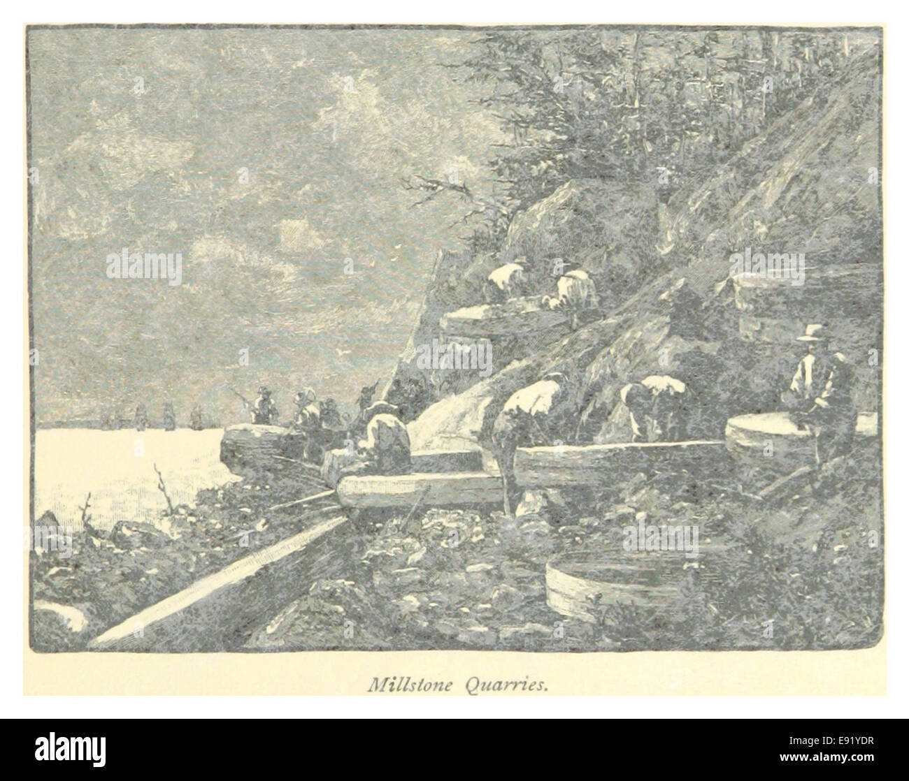 This 1885 sketch illustrates millstone quarries, showing the extraction ...